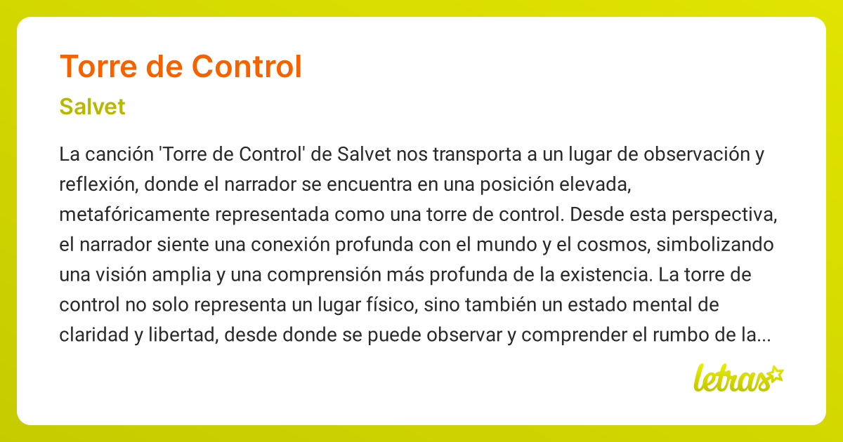 Significado de la canción TORRE DE CONTROL (Salvet) - LETRAS.COM