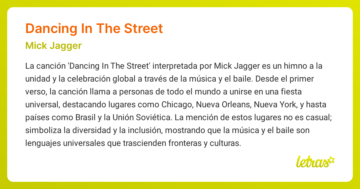 Significado de la canción DANCING IN THE STREET (Mick Jagger) - LETRAS.COM