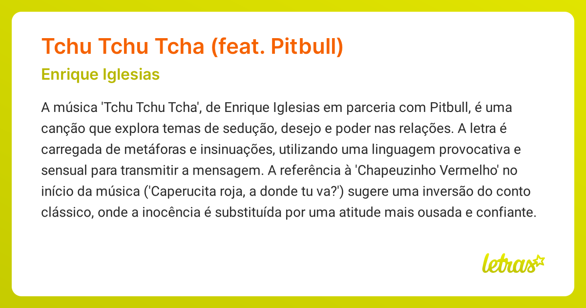 Significado da música TCHU TCHU TCHA (FEAT. PITBULL) (Enrique Iglesias ...