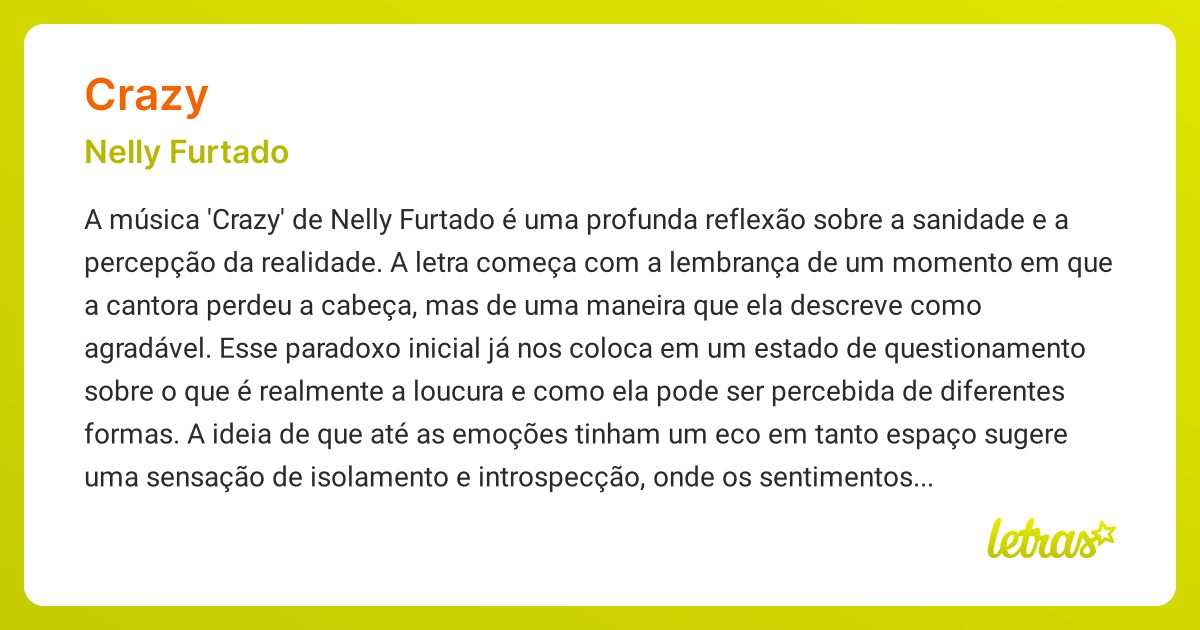 Significado da música CRAZY (Nelly Furtado) - LETRAS.MUS.BR