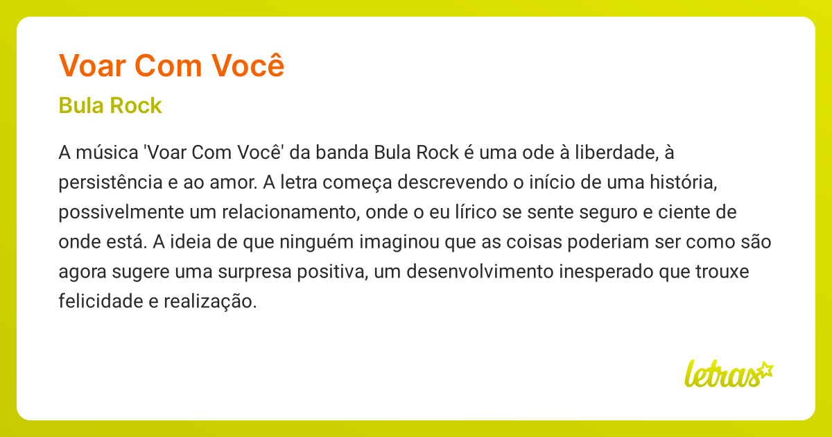 Significado da música VOAR COM VOCÊ (Bula Rock) - LETRAS.MUS.BR