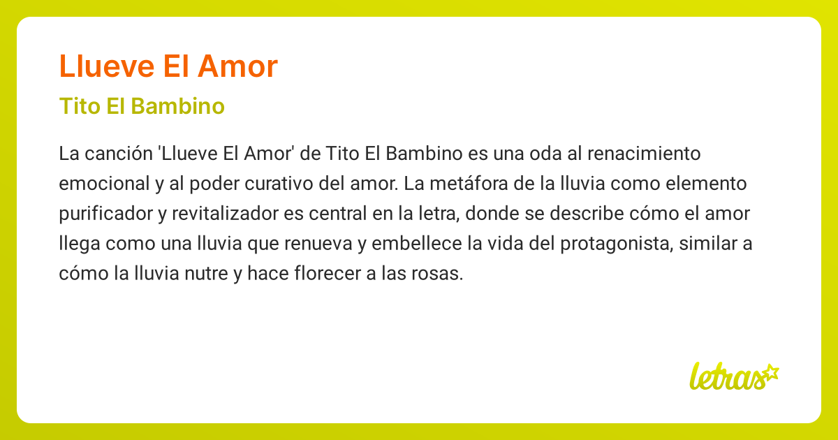 Significado de la canción LLUEVE EL AMOR (Tito El Bambino) - LETRAS.COM