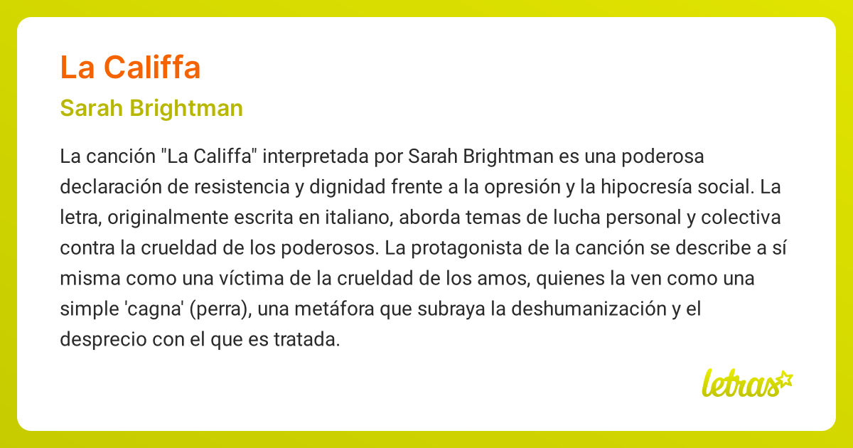 Significado de la canción LA CALIFFA (Sarah Brightman) - LETRAS.COM