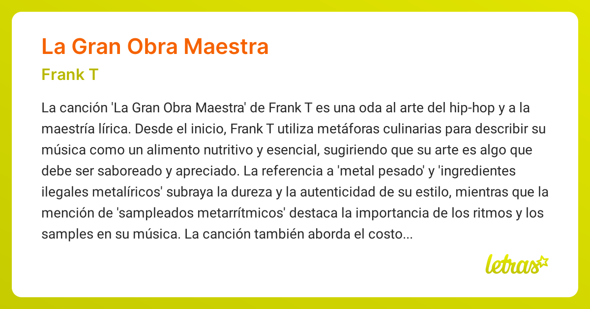 Significado de la canción LA GRAN OBRA MAESTRA (Frank T) - LETRAS.COM