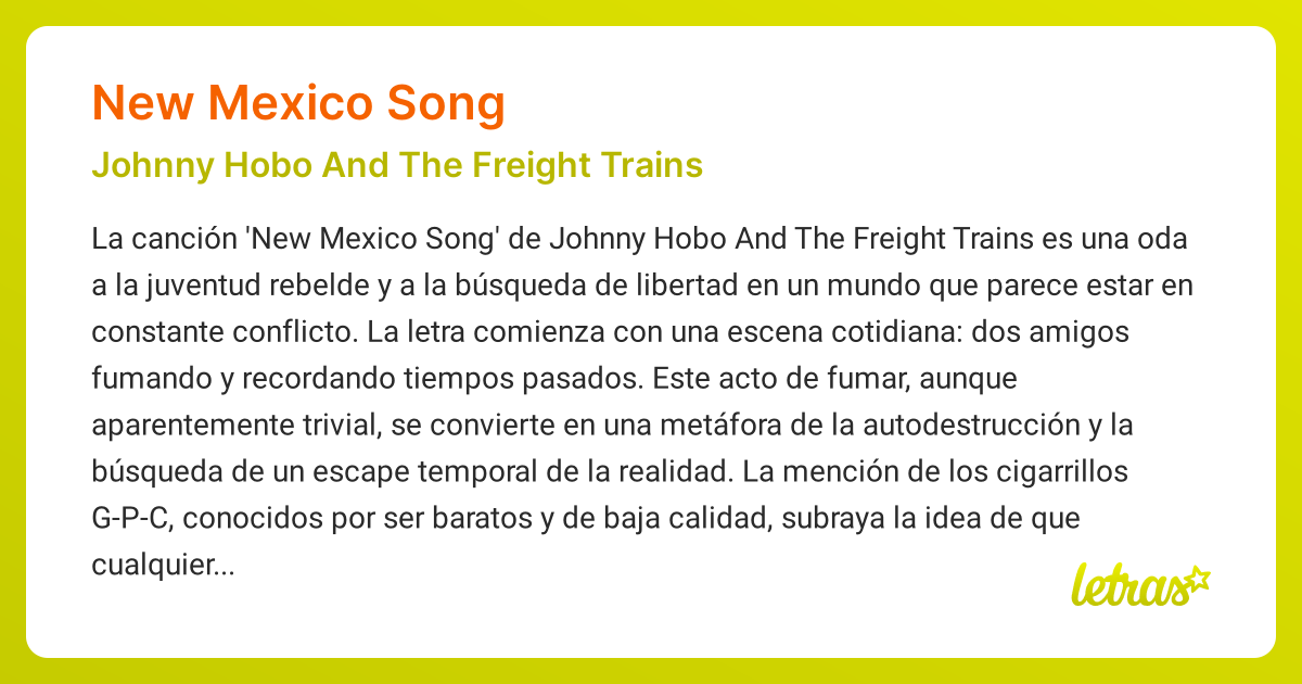 Significado de la canción NEW MEXICO SONG (Johnny Hobo And The Freight ...