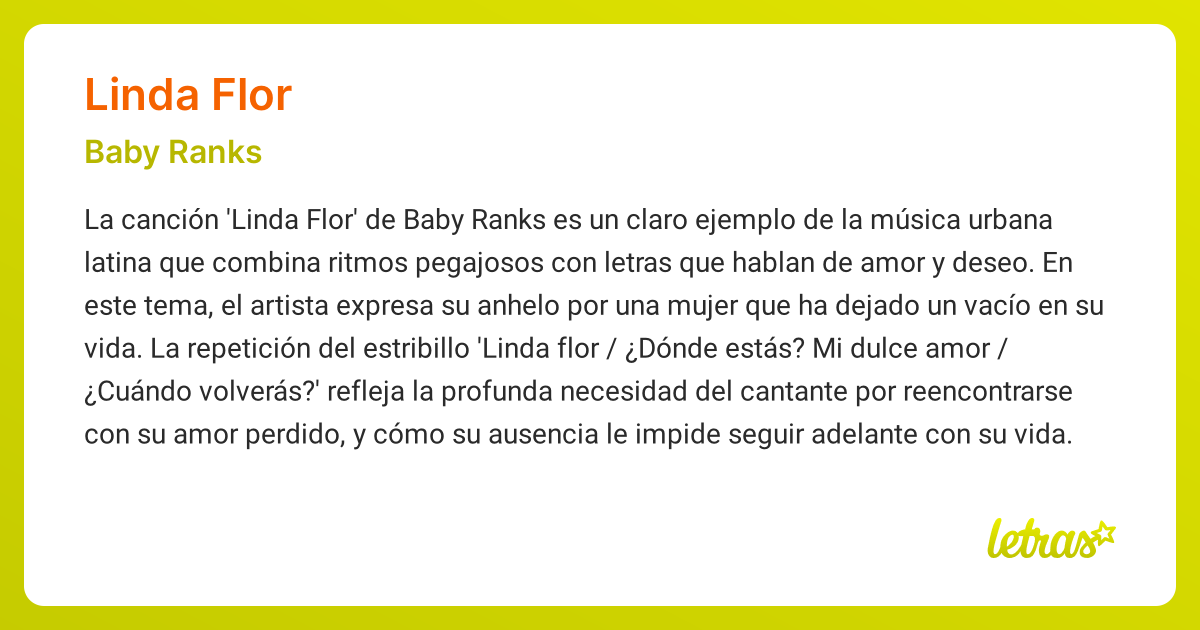 Significado de la canción LINDA FLOR (Baby Ranks) - LETRAS.COM