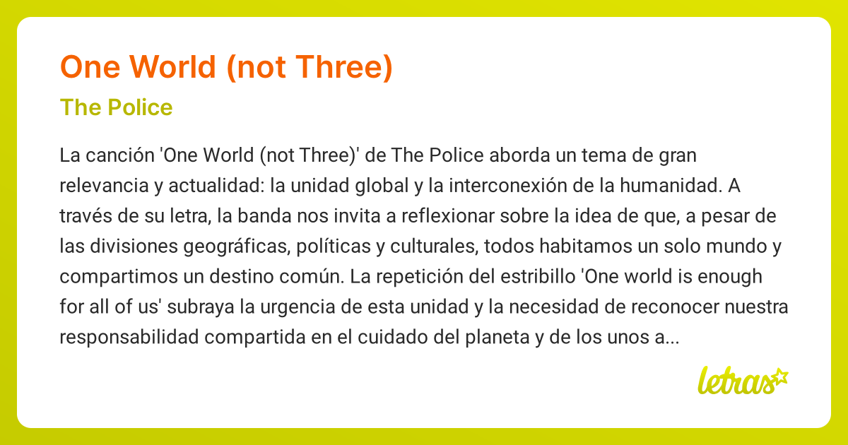 Significado de la canción ONE WORLD (NOT THREE) (The Police) - LETRAS.COM