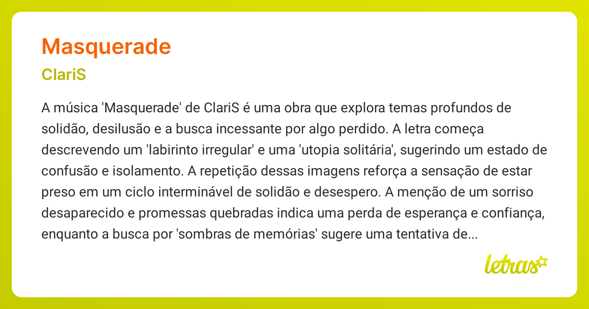 Significado da música MASQUERADE (ClariS) - LETRAS.MUS.BR
