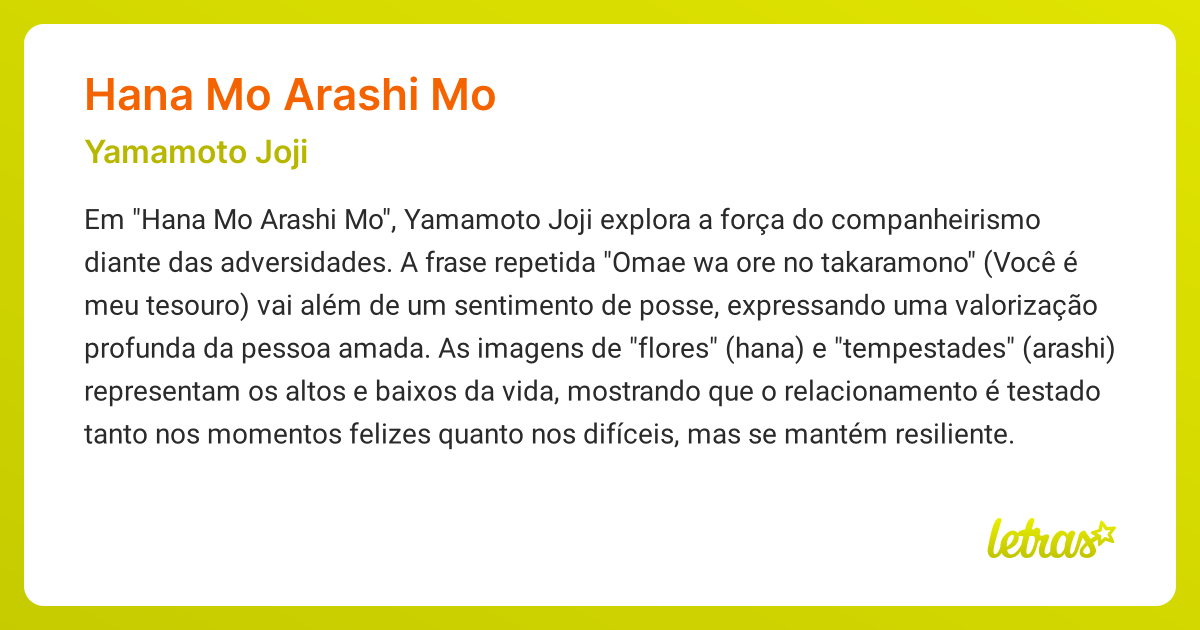 Significado da música HANA MO ARASHI MO (Yamamoto Joji) - LETRAS.MUS.BR