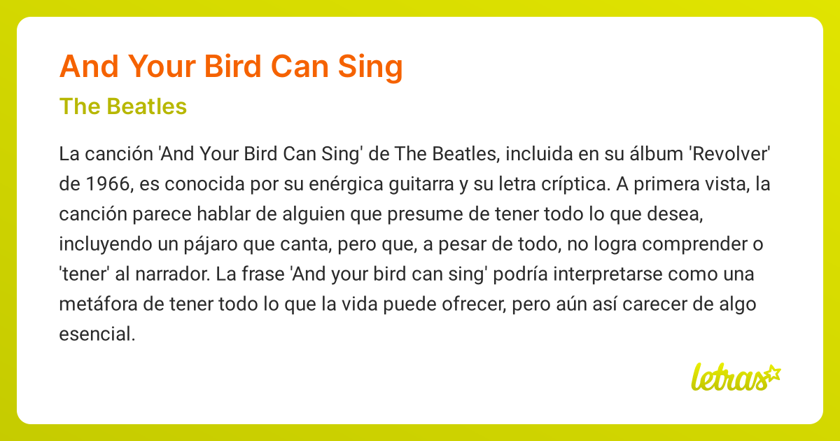 Significado de la canción AND YOUR BIRD CAN SING (The Beatles) - LETRAS.COM