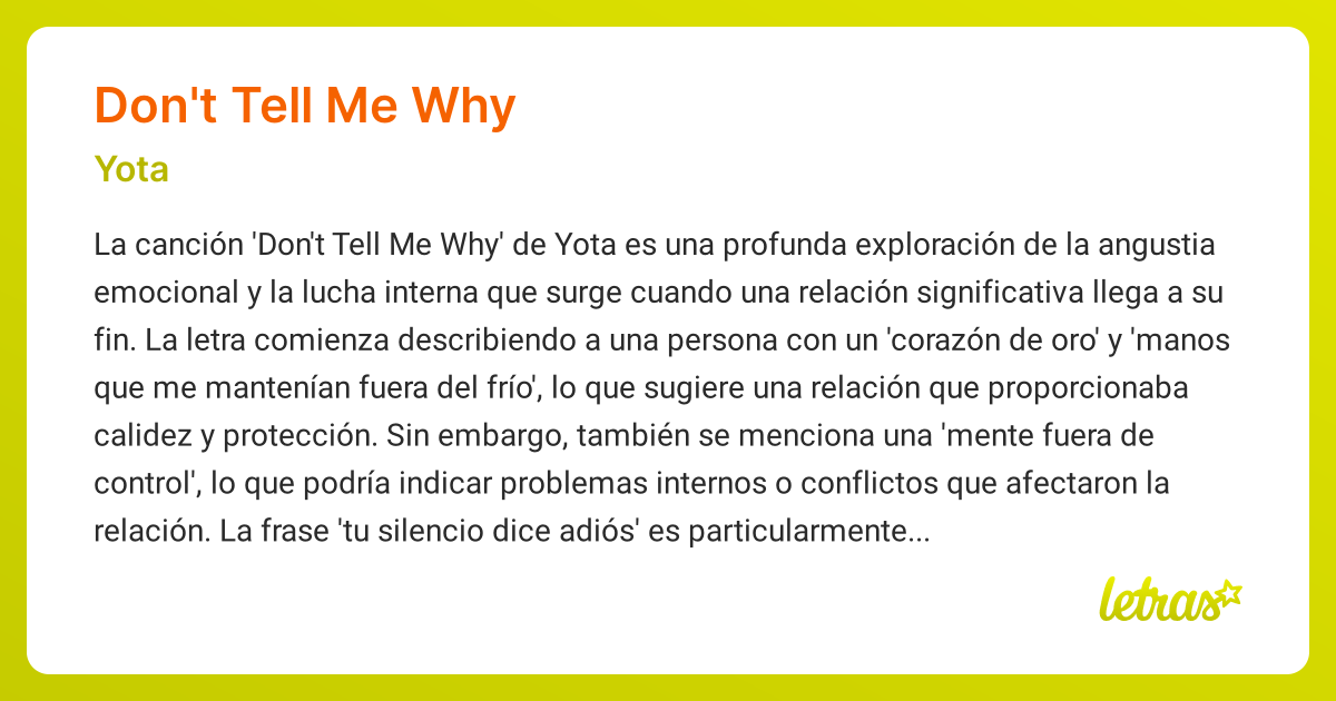 Significado de la canción DON'T TELL ME WHY (Yota) - LETRAS.COM