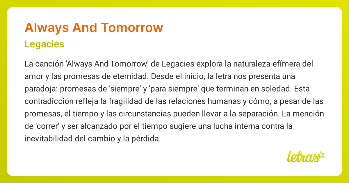 Significado de la canción ALWAYS AND TOMORROW (Legacies) - LETRAS.COM