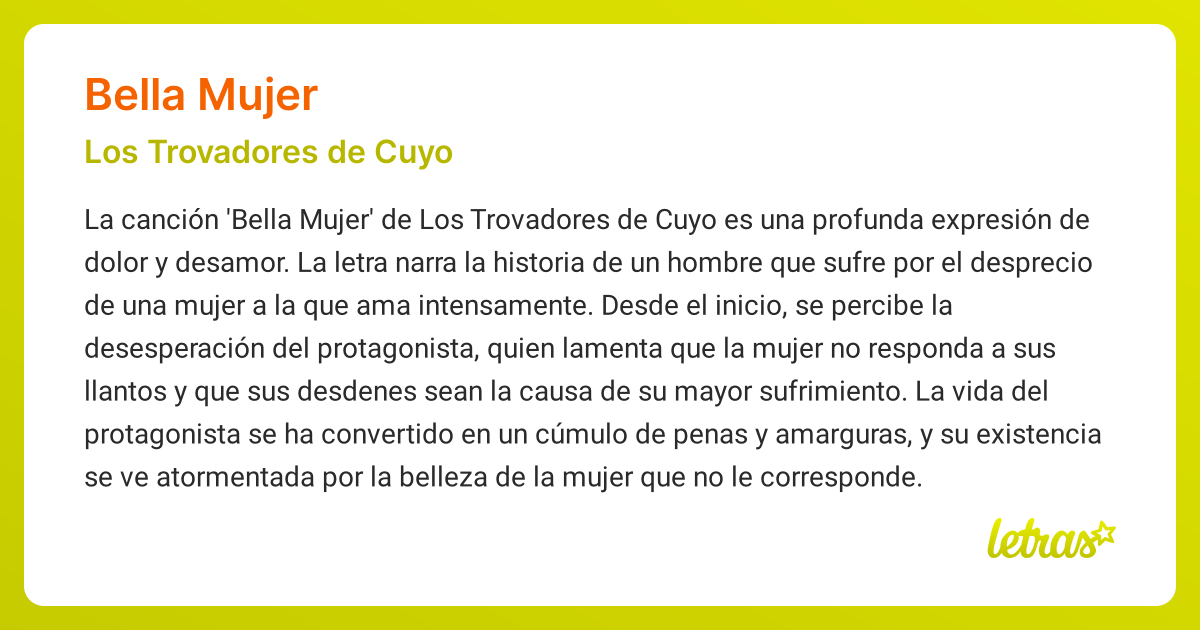 Significado de la canción BELLA MUJER (Los Trovadores de Cuyo) - LETRAS.COM