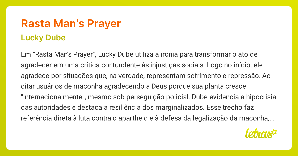 Significado da música RASTA MAN'S PRAYER (Lucky Dube) - LETRAS.MUS.BR