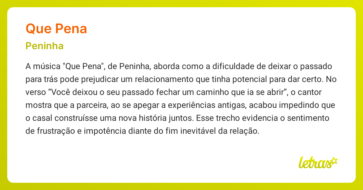 Significado da música QUE PENA (Peninha) - LETRAS.MUS.BR
