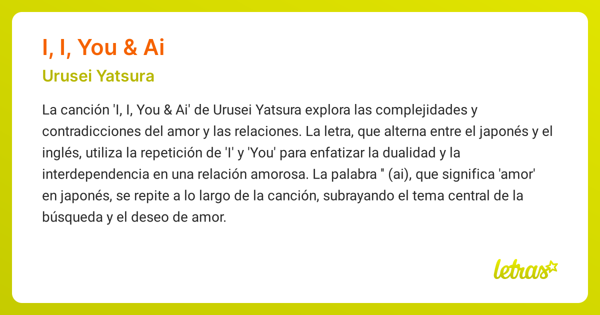 Significado de la canción I, I, YOU & AI (Urusei Yatsura) - LETRAS.COM