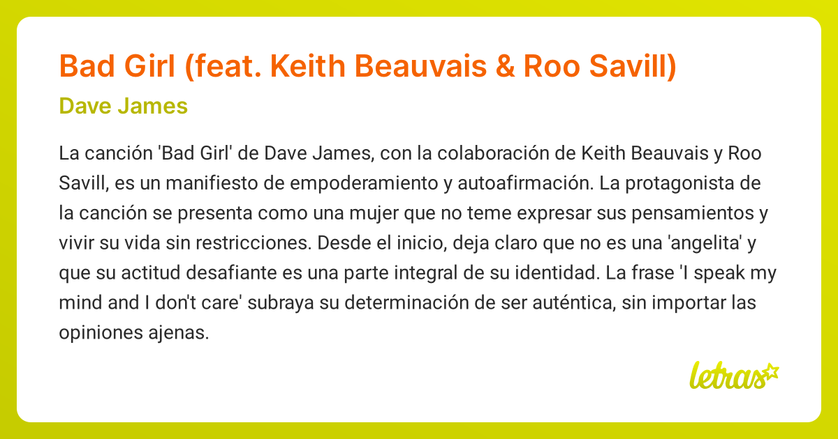 Significado de la canción Bad Girl (feat. Keith Beauvais & Roo Savill ...