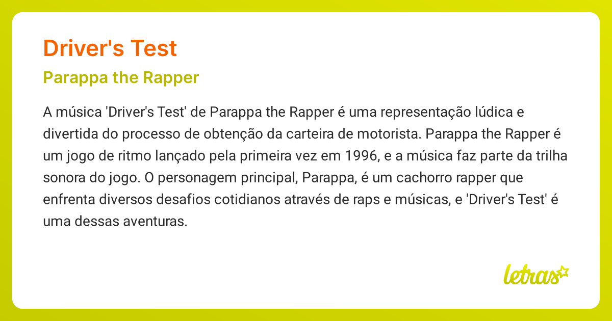 Significado da música DRIVER'S TEST (Parappa the Rapper) - LETRAS.MUS.BR