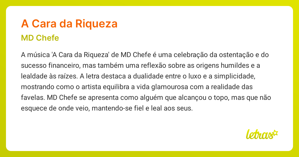 Significado da música A CARA DA RIQUEZA (MD Chefe) - LETRAS.MUS.BR