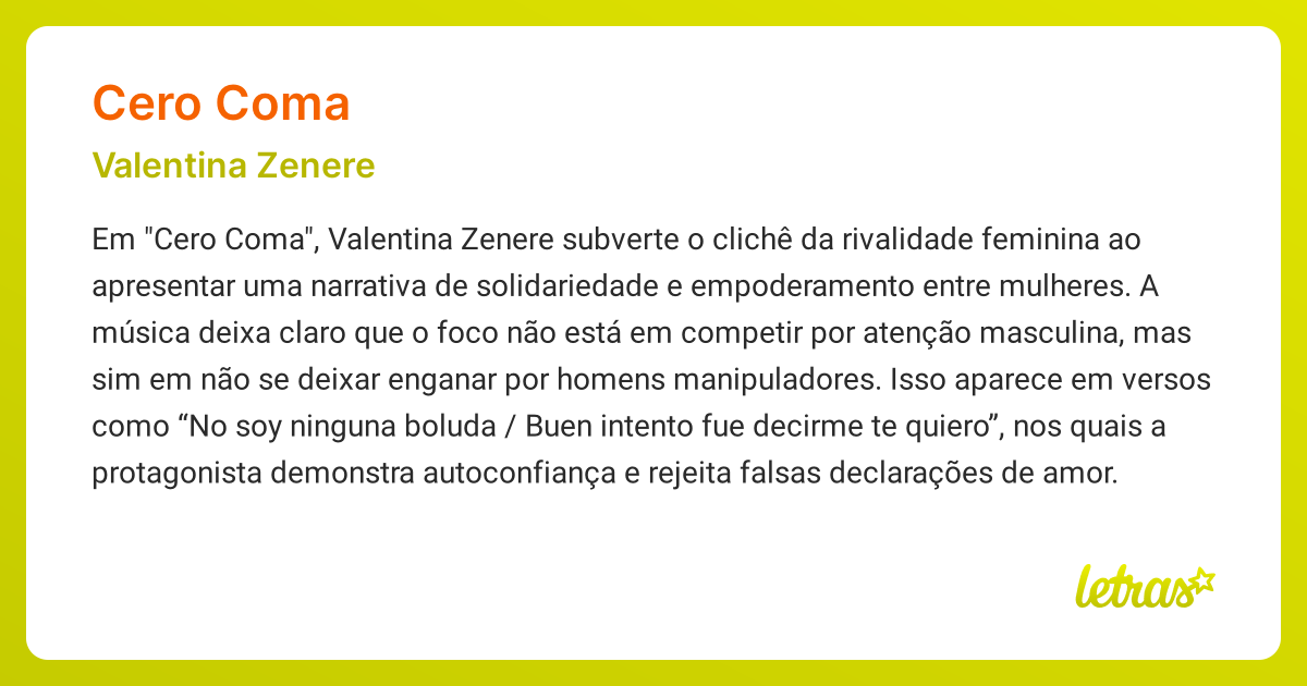 Significado da música CERO COMA (Valentina Zenere) - LETRAS.MUS.BR