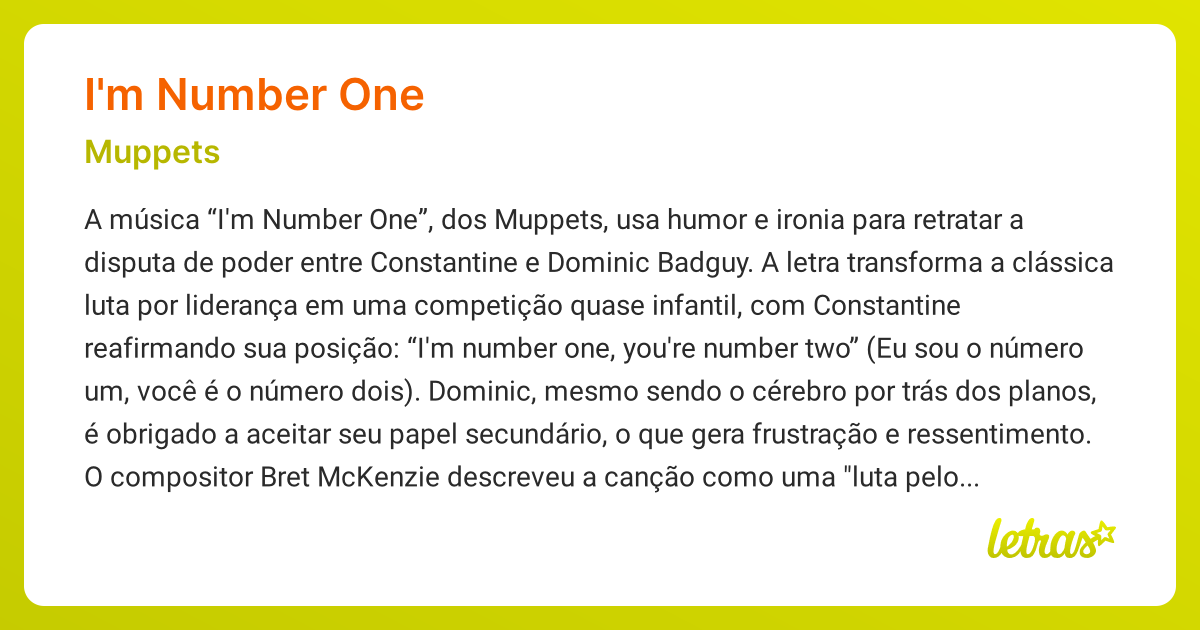 Significado da música I'M NUMBER ONE (Muppets) - LETRAS.MUS.BR