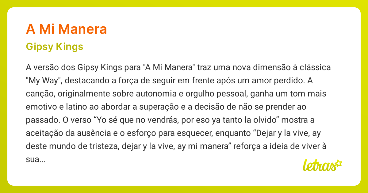 Significado da música A MI MANERA (Gipsy Kings) - LETRAS.MUS.BR