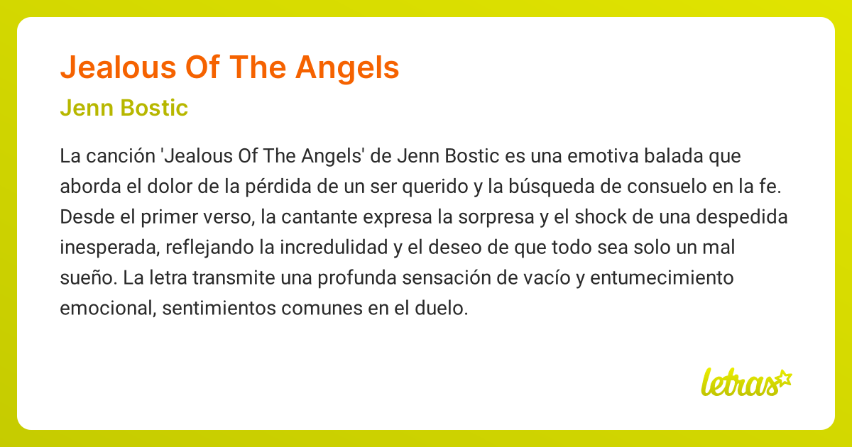 Significado de la canción JEALOUS OF THE ANGELS (Jenn Bostic) - LETRAS.COM
