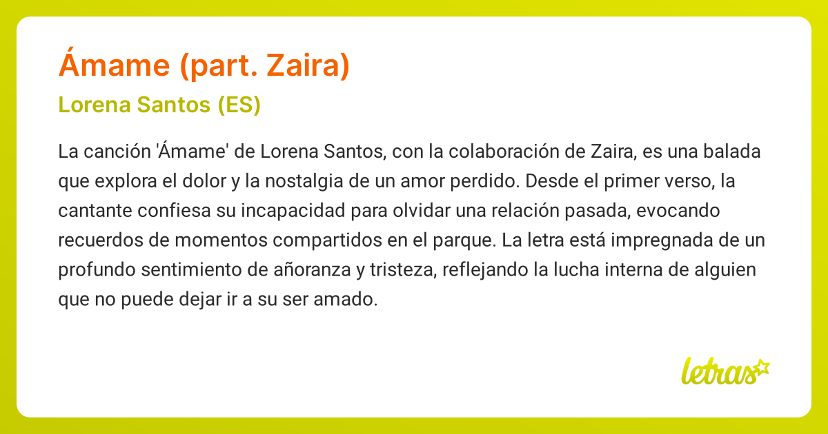 Significado de la canción ÁMAME (PART. ZAIRA) (Lorena Santos (ES ...