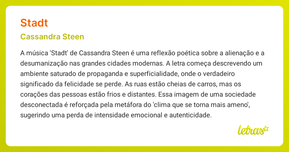 Significado da música STADT (Cassandra Steen) - LETRAS.MUS.BR