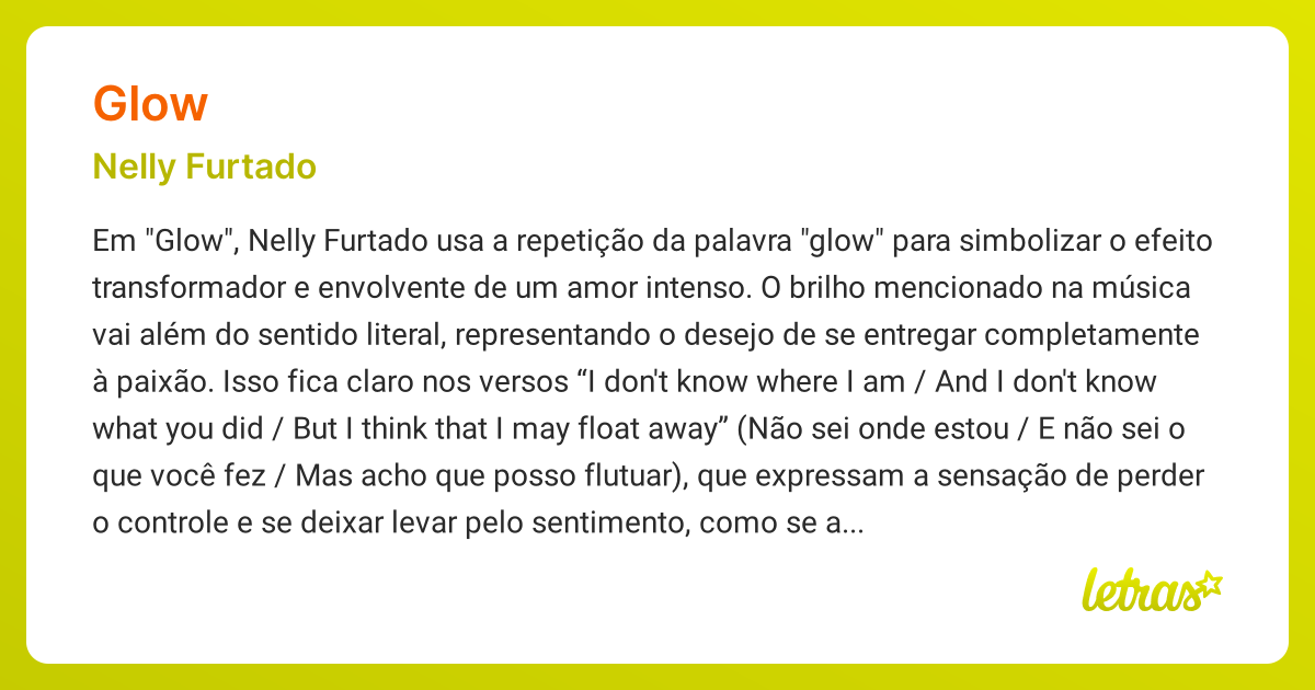 Significado da música GLOW (Nelly Furtado) - LETRAS.MUS.BR