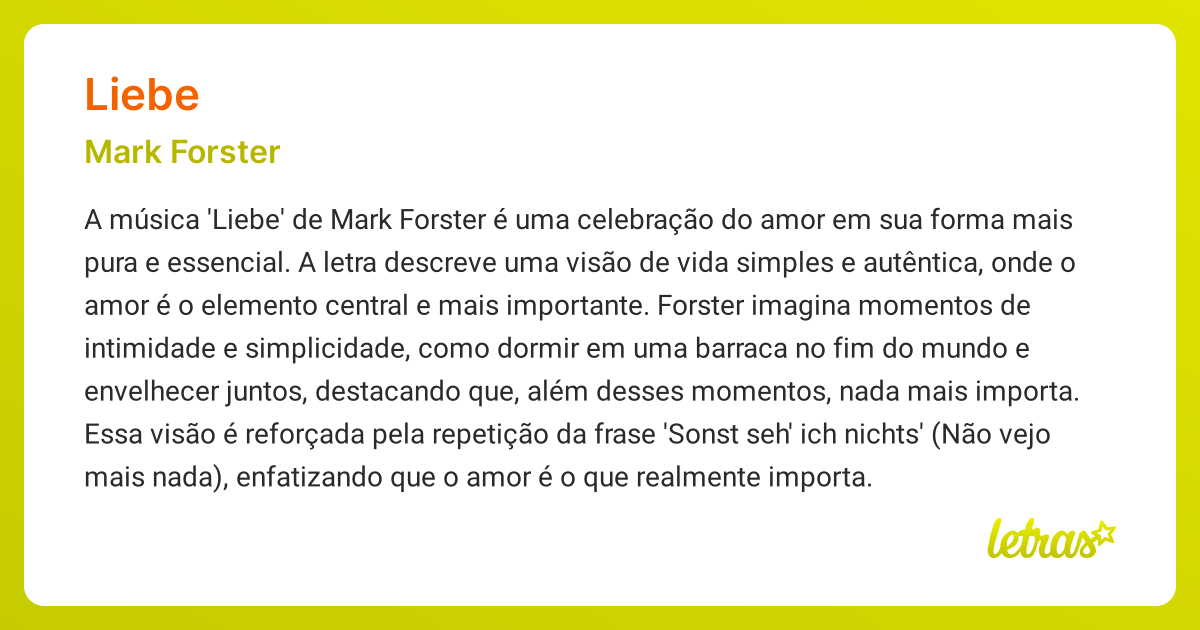 Significado da música LIEBE (Mark Forster) - LETRAS.MUS.BR