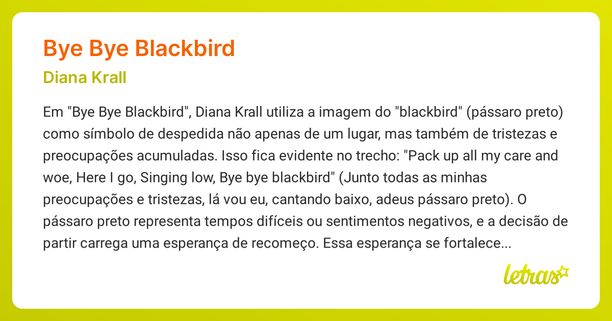 Significado da música BYE BYE BLACKBIRD (Diana Krall) - LETRAS.MUS.BR