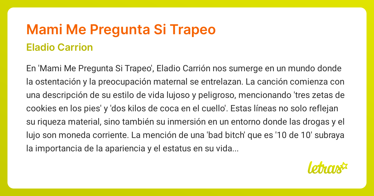 Significado de la canción MAMI ME PREGUNTA SI TRAPEO (Eladio Carrion ...