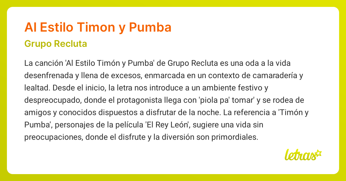 Significado de la canción AL ESTILO TIMON Y PUMBA (Grupo Recluta ...