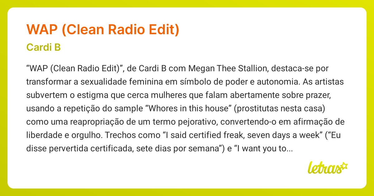 Significado da música WAP (CLEAN RADIO EDIT) (Cardi B) - LETRAS.MUS.BR