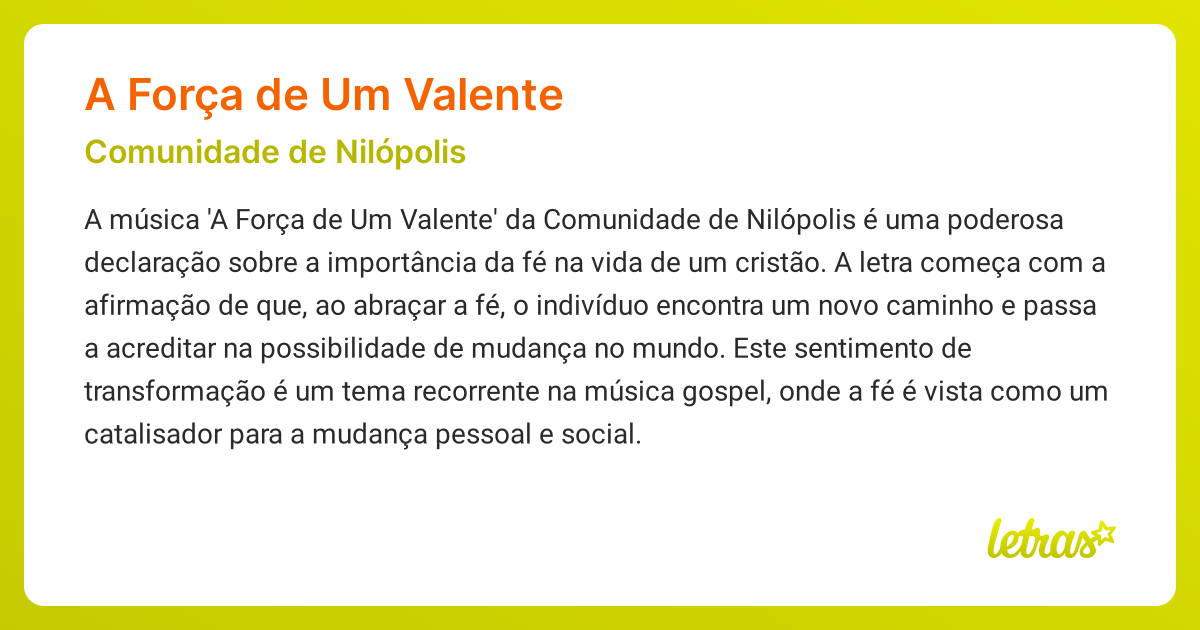 Significado da música A FORÇA DE UM VALENTE (Comunidade de Nilópolis ...