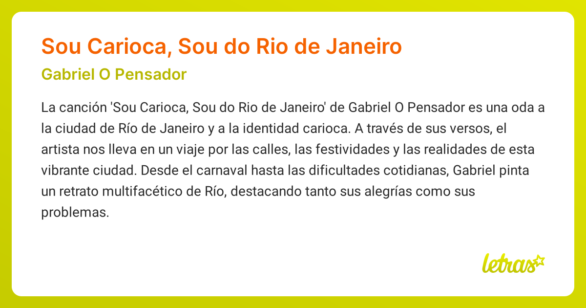 Significado de la canción Sou Carioca, Sou do Rio de Janeiro (Gabriel O ...