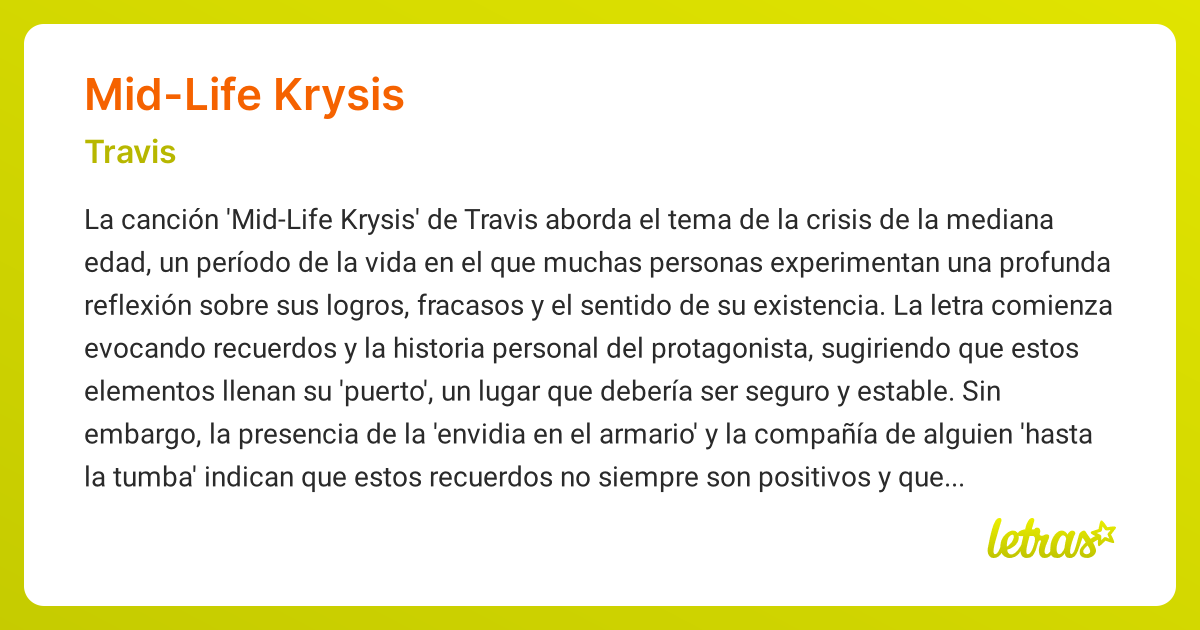 Significado de la canción MID-LIFE KRYSIS (Travis) - LETRAS.COM