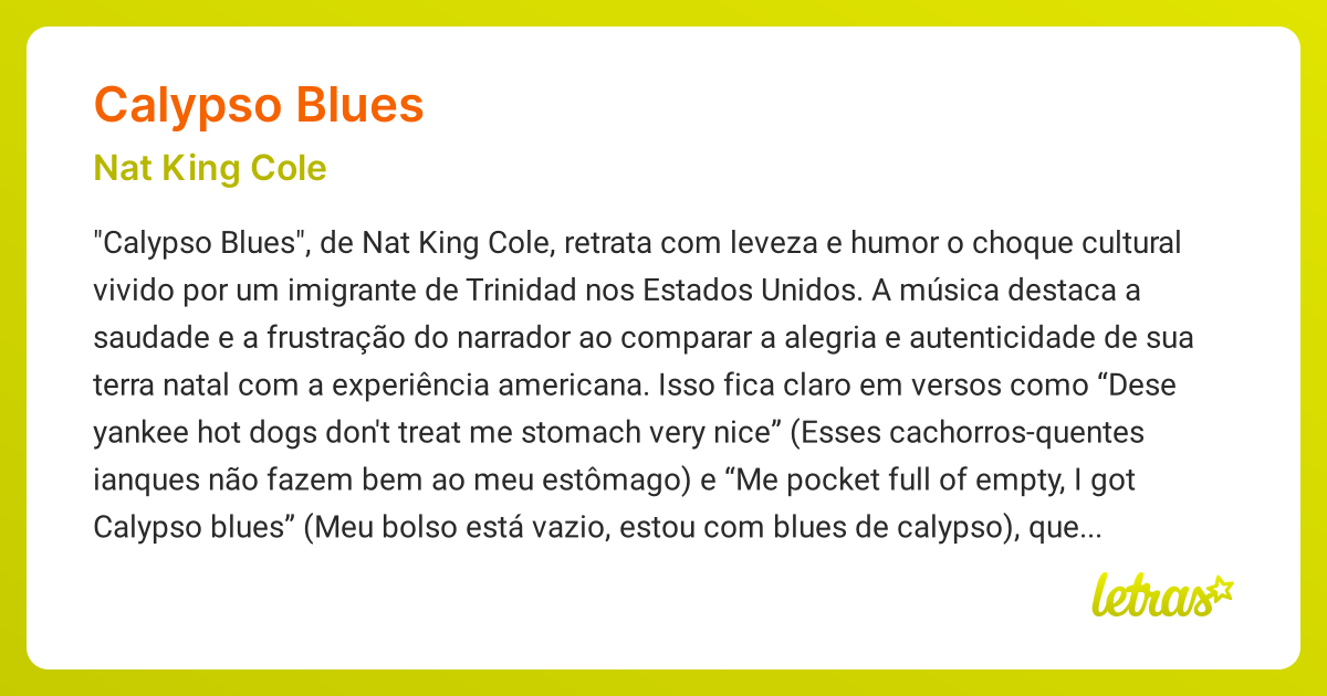 Significado da música CALYPSO BLUES (Nat King Cole) - LETRAS.MUS.BR