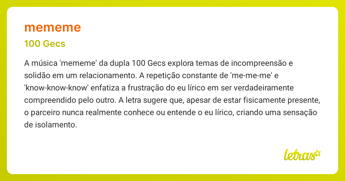 Significado da música MEMEME (100 Gecs) - LETRAS.MUS.BR