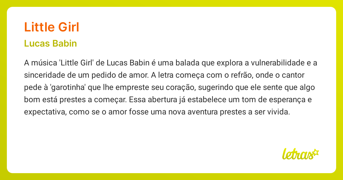 Significado da música LITTLE GIRL (Lucas Babin) - LETRAS.MUS.BR