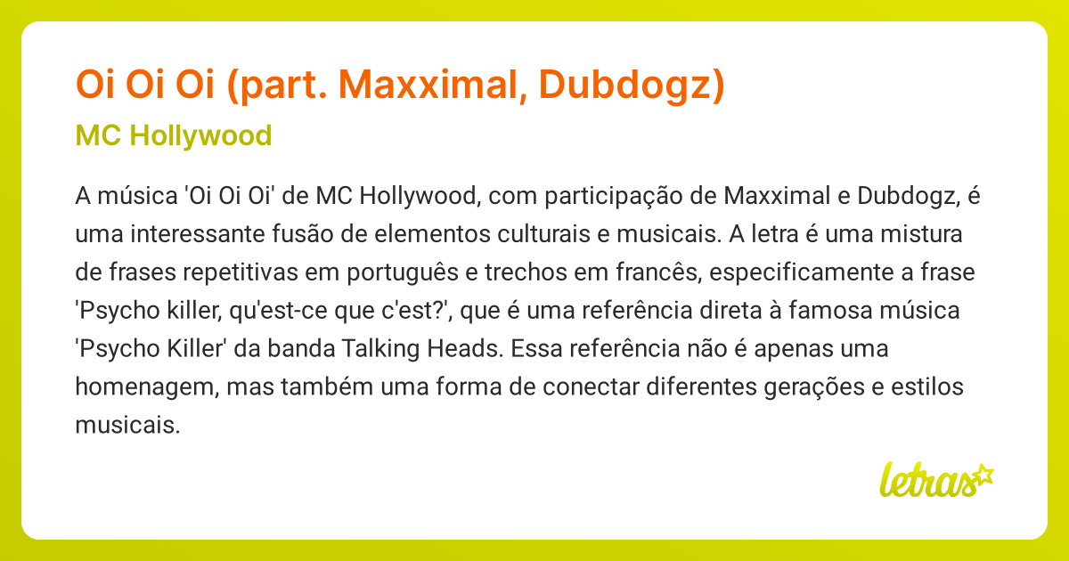 Significado da música Oi Oi Oi (part. Maxximal, Dubdogz) (MC Hollywood ...