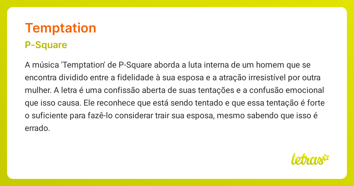 Significado da música TEMPTATION (P-Square) - LETRAS.MUS.BR