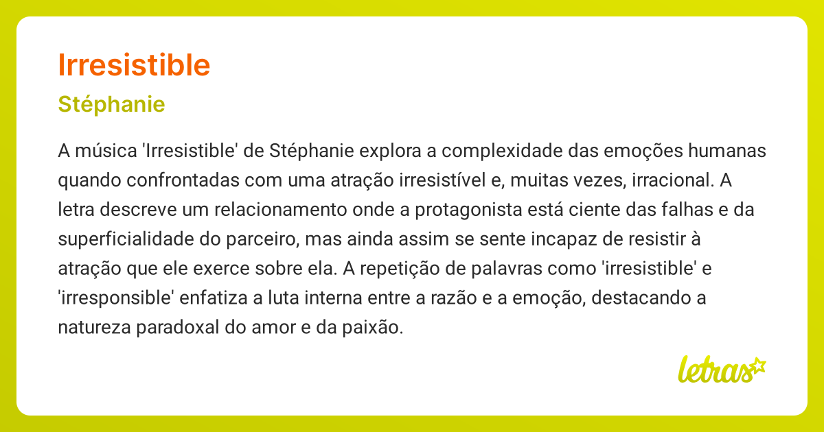 Significado da música IRRESISTIBLE (Stéphanie) - LETRAS.MUS.BR