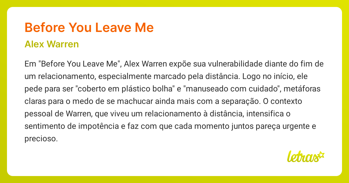Significado da música BEFORE YOU LEAVE ME (Alex Warren) - LETRAS.MUS.BR