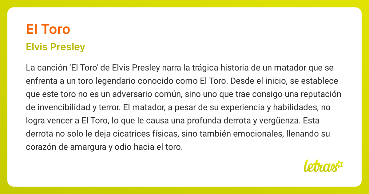 Significado de la canción EL TORO (Elvis Presley) - LETRAS.COM