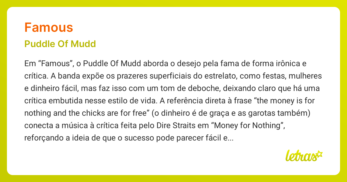 Significado da música FAMOUS (Puddle Of Mudd) - LETRAS.MUS.BR