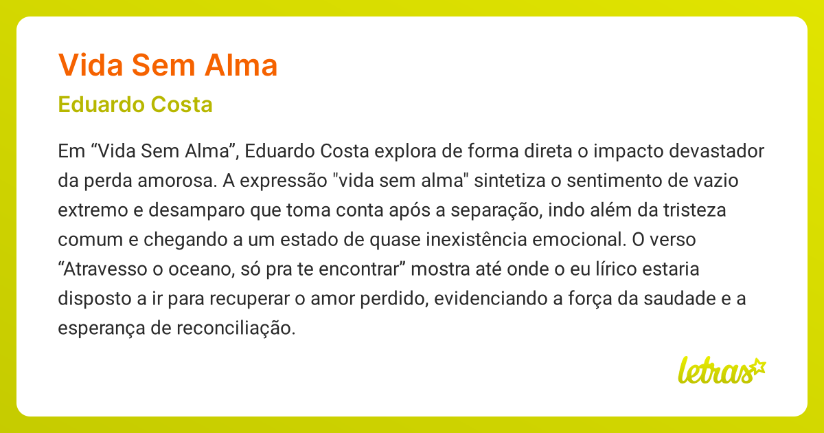 Significado da música VIDA SEM ALMA (Eduardo Costa) - LETRAS.MUS.BR