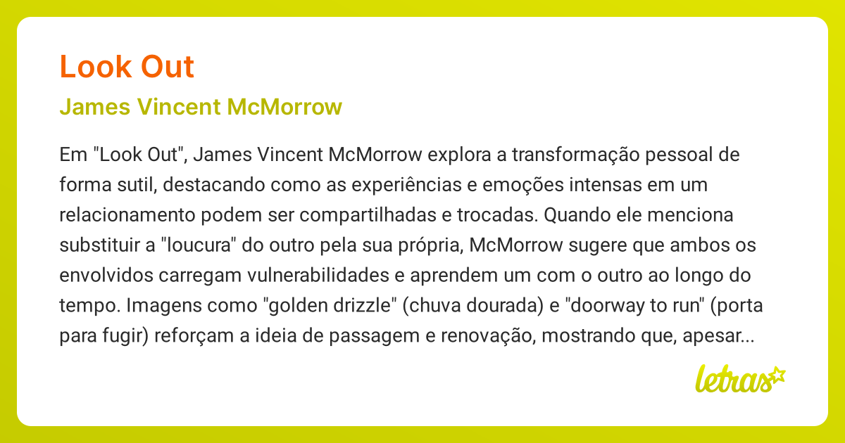 Significado da música LOOK OUT (James Vincent McMorrow) - LETRAS.MUS.BR