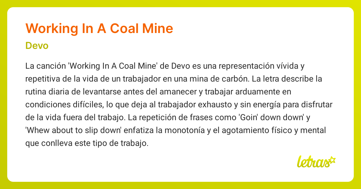 Significado de la canción WORKING IN A COAL MINE (Devo) - LETRAS.COM